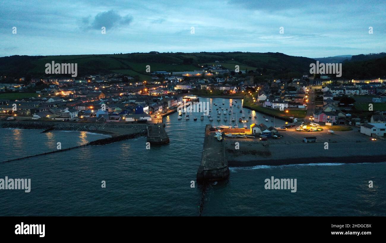 Aerial Photograph of Aberaeron Harbour, Town and Coastal Path at Dusk ...