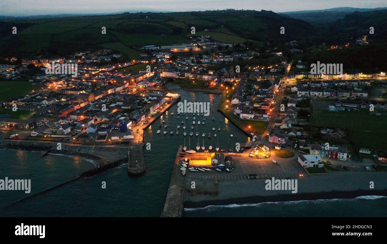 Aerial Photograph of Aberaeron Harbour, Town and Coastal Path at Dusk ...