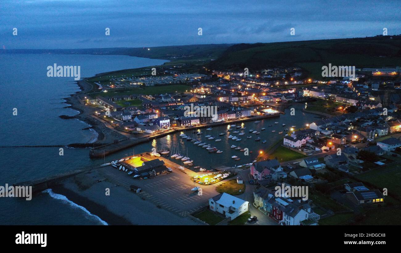Aerial Photograph of Aberaeron Harbour, Town and Coastal Path at Dusk ...