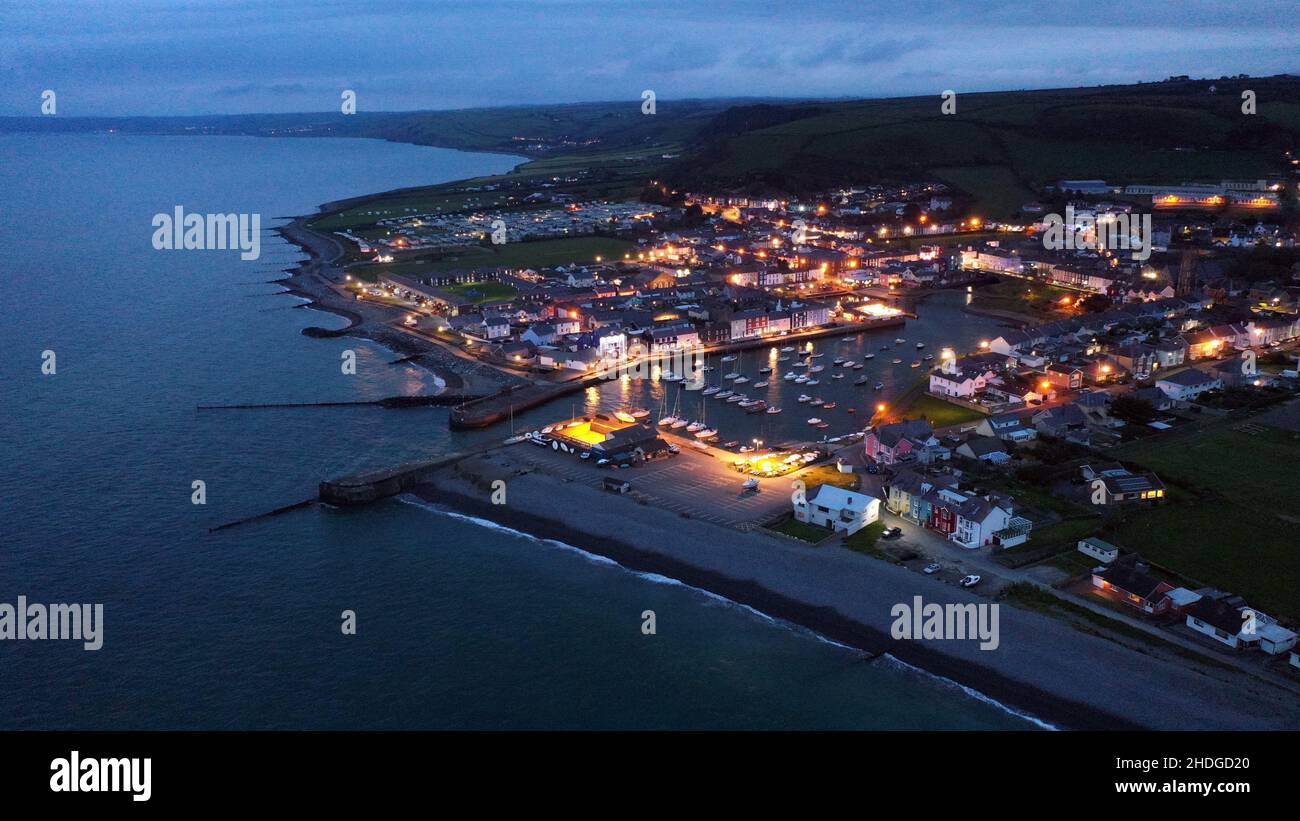 Aerial Photograph of Aberaeron Harbour, Town and Coastal Path at Dusk ...