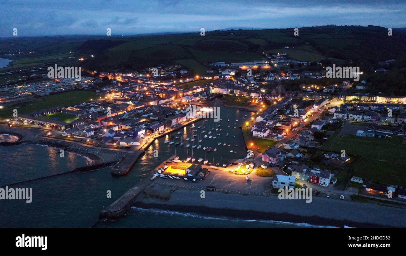Aerial Photograph of Aberaeron Harbour, Town and Coastal Path at Dusk ...