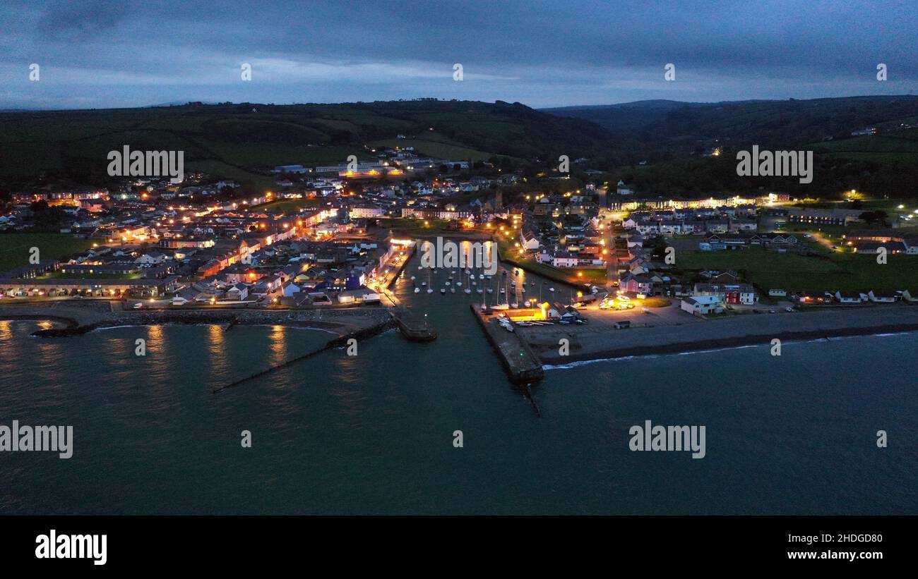 Aerial Photograph of Aberaeron Harbour, Town and Coastal Path at Dusk ...