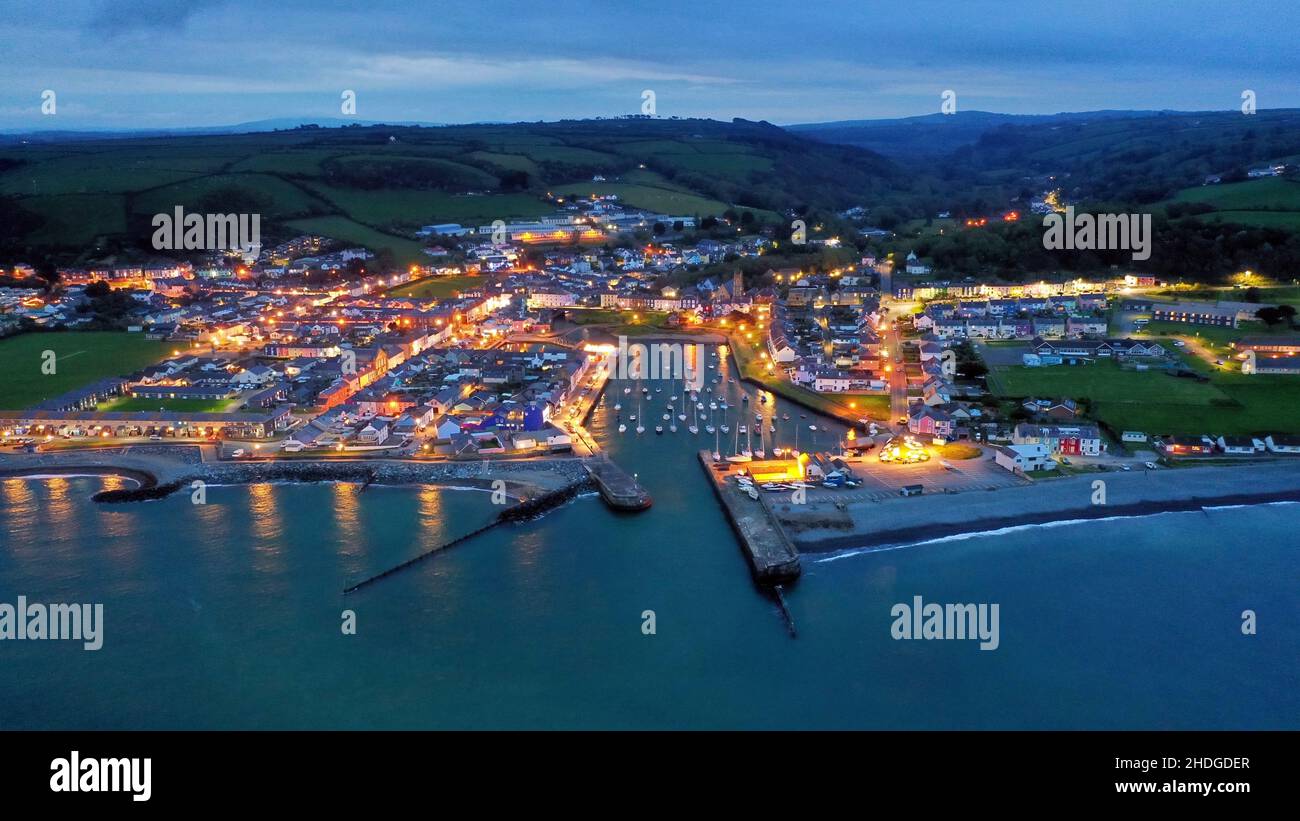 Aerial Photograph of Aberaeron Harbour, Town and Coastal Path at Dusk ...