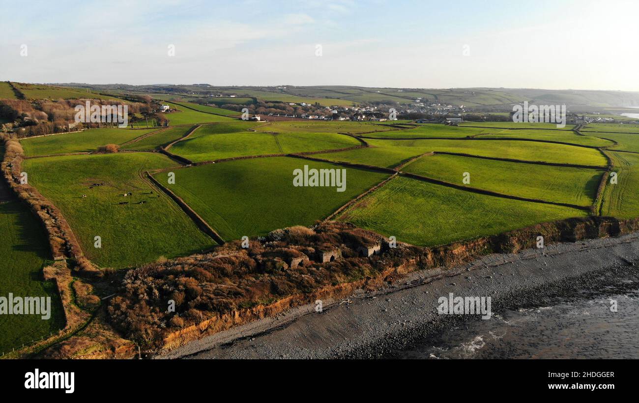 Aerial Photograph of Llanrhystud Beach, lime Kilns, Sea and Village ...