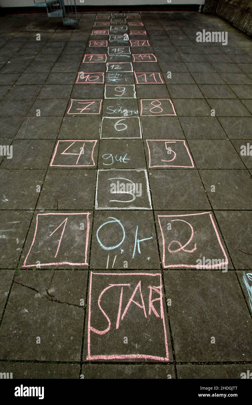playing field, children's game, chalk drawing, hopscotch, playing ...