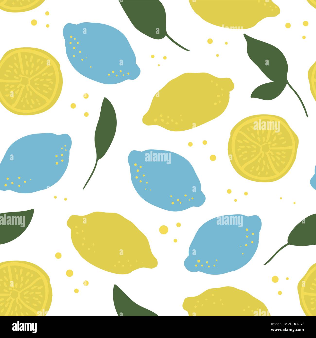 Tropical seamless pattern with yellow lemons and lemon slices. Hand drawn lemons pattern on ...