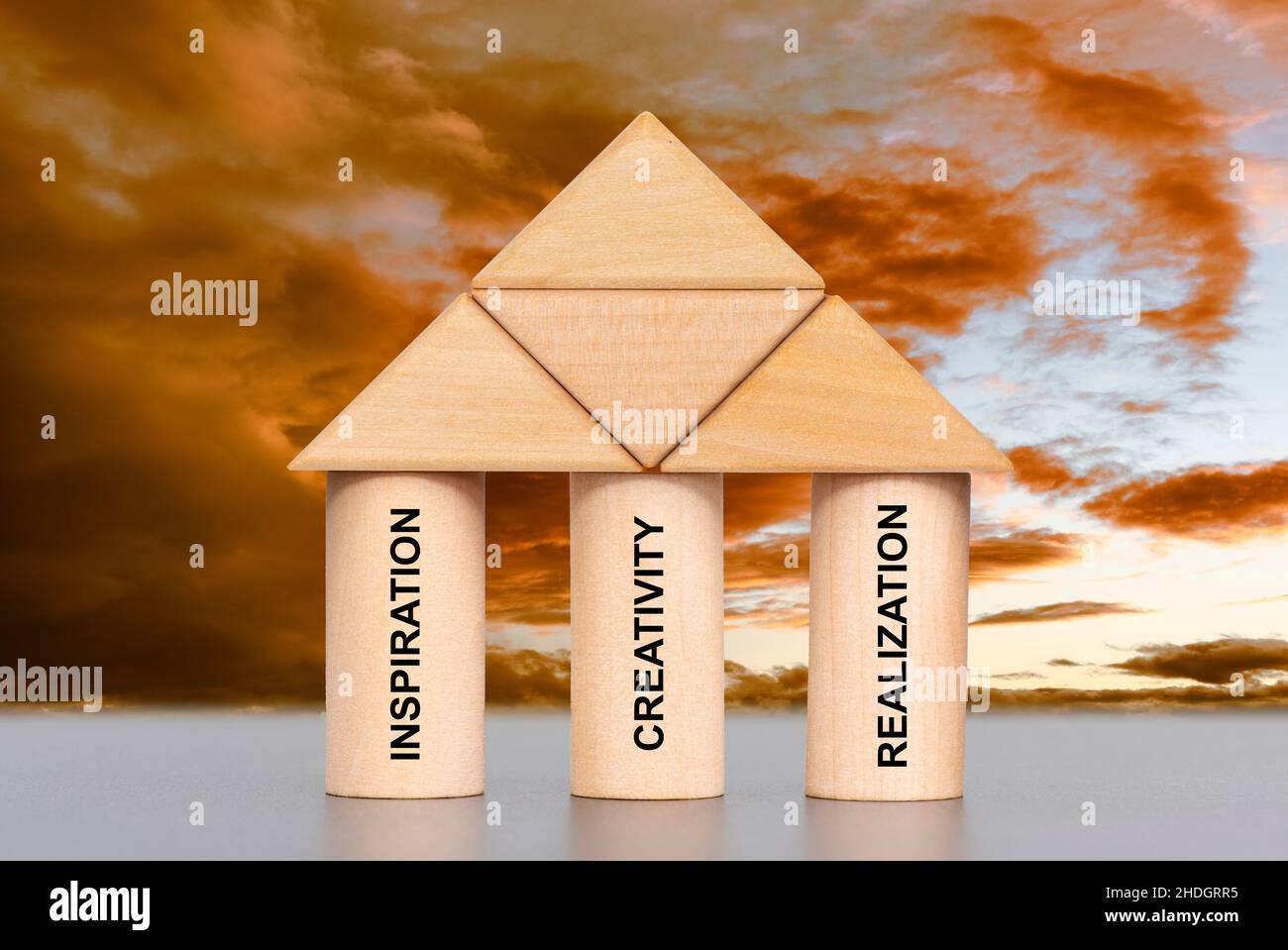 inspiration, creativity and realization written on three pillars Stock ...