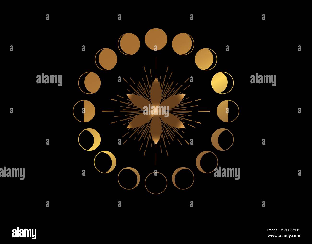 Flower of Life. Sacred geometry, Moon Phases, geometric elements. Gold ...
