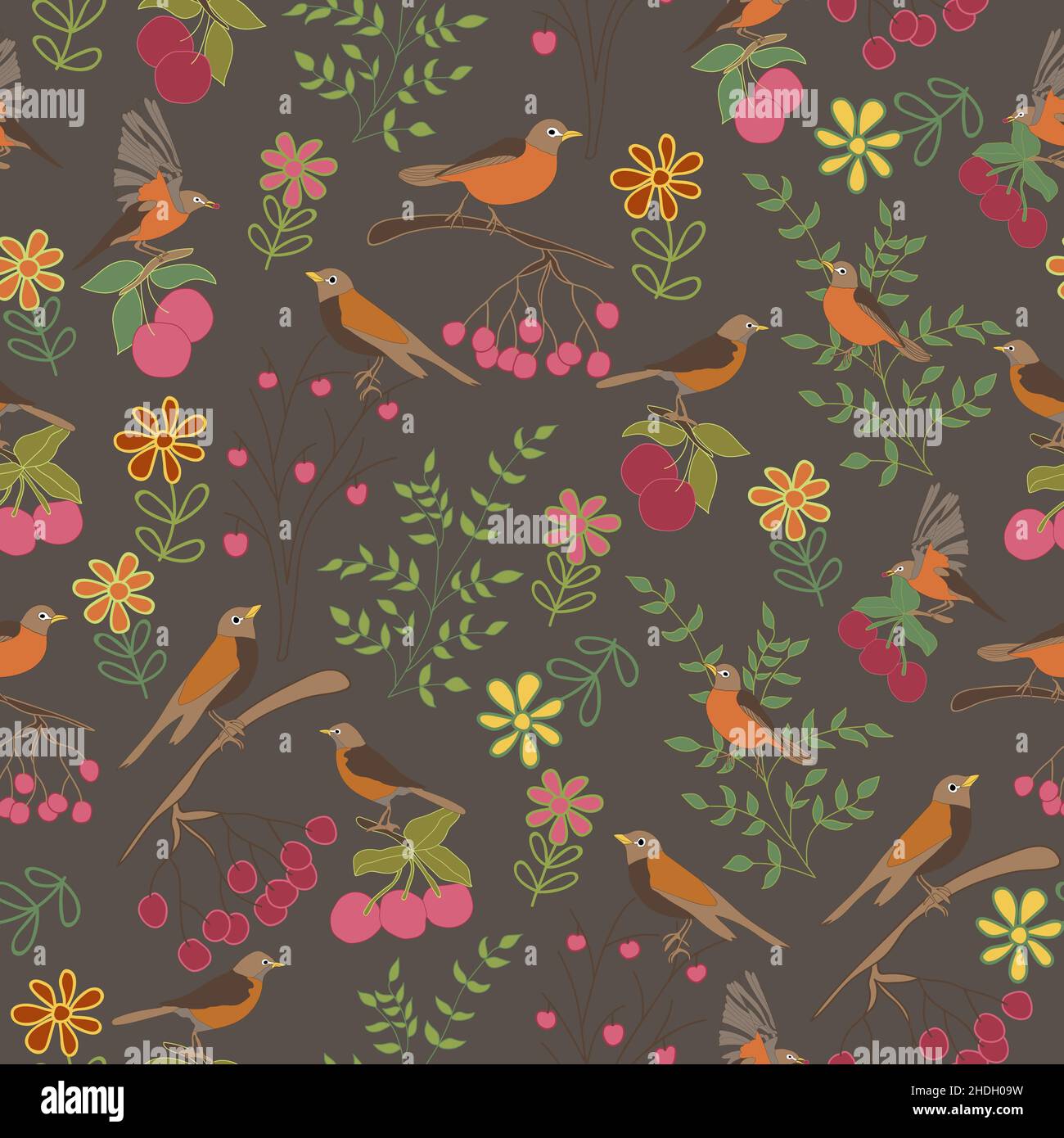 American robin bird with cherries seamless pattern. Perfect for textile ...
