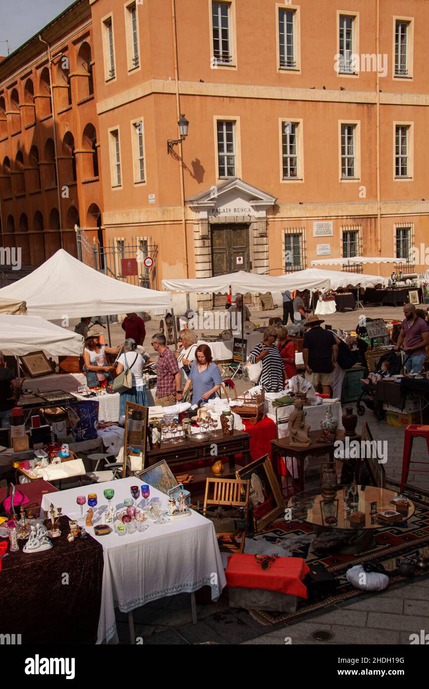 People at open air antique and flea market in Old Town of Nice, France ...
