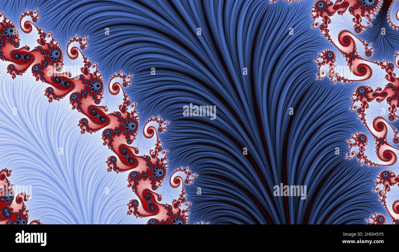 The abstract blue feather-shaped fractal figures with red patterns on ...
