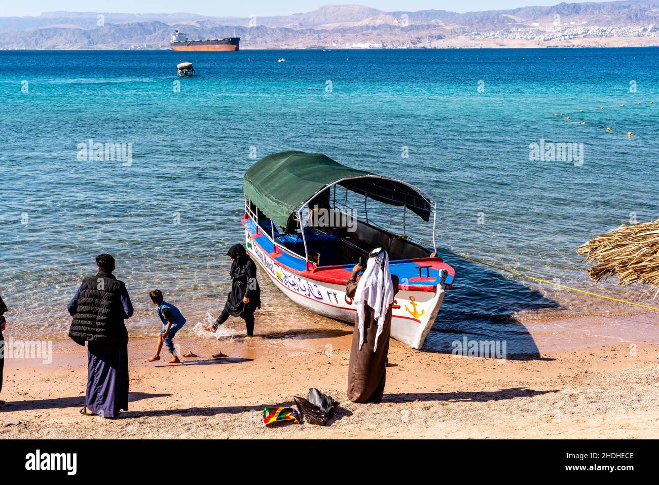 A Jordanian Family On The Public Beach In Aqaba, Aqaba Governorate ...
