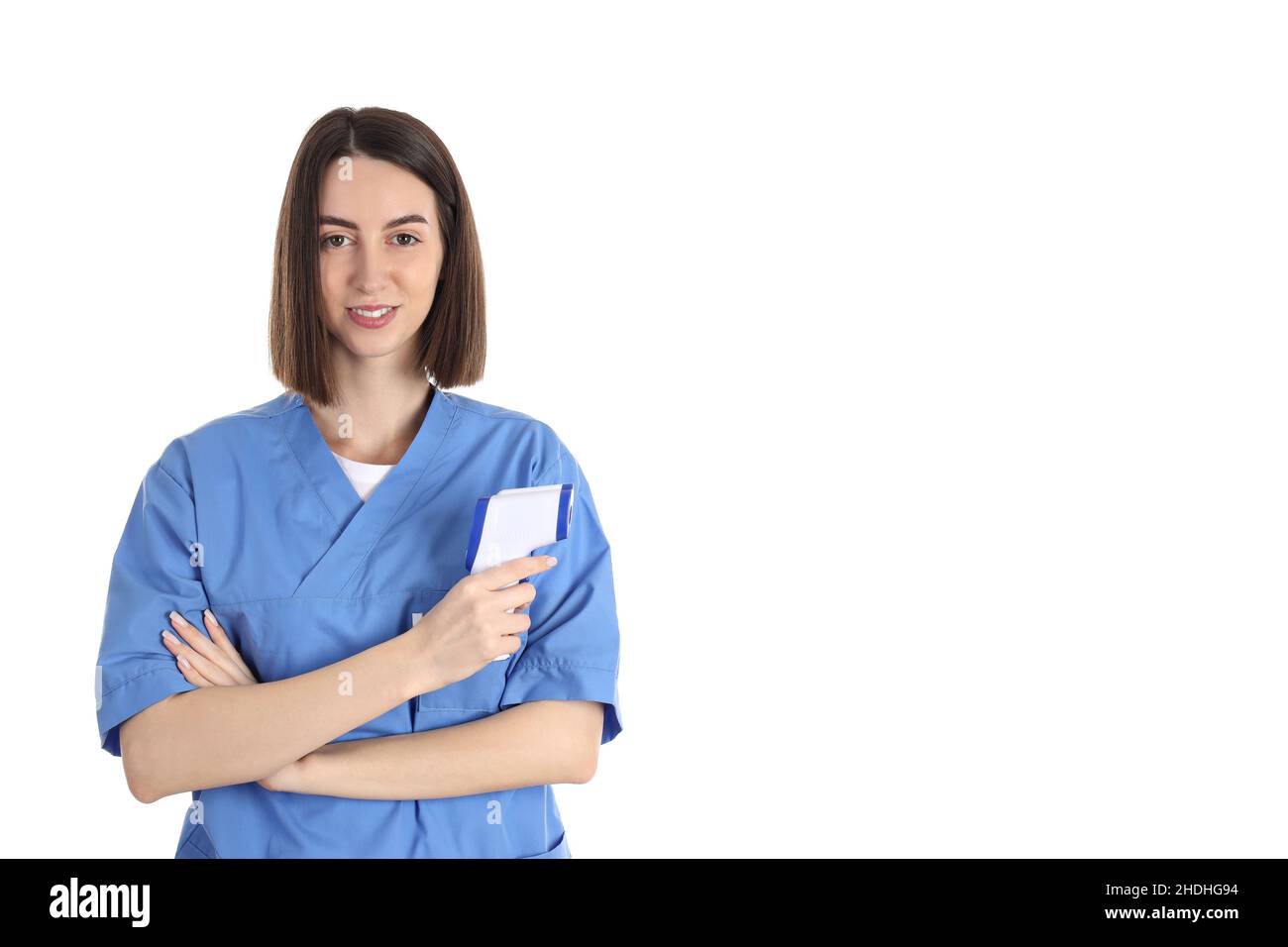 Female trainee nurse isolated on white background Stock Photo - Alamy