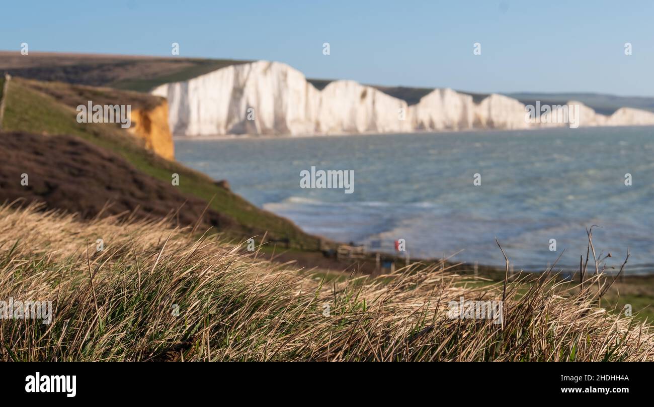 Panorama of Seven Sisters chalk cliffs facing the English Channel at ...