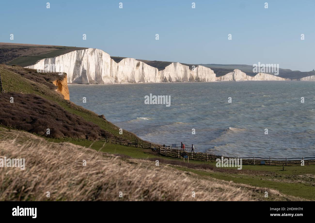 Panorama of Seven Sisters chalk cliffs facing the English Channel at ...