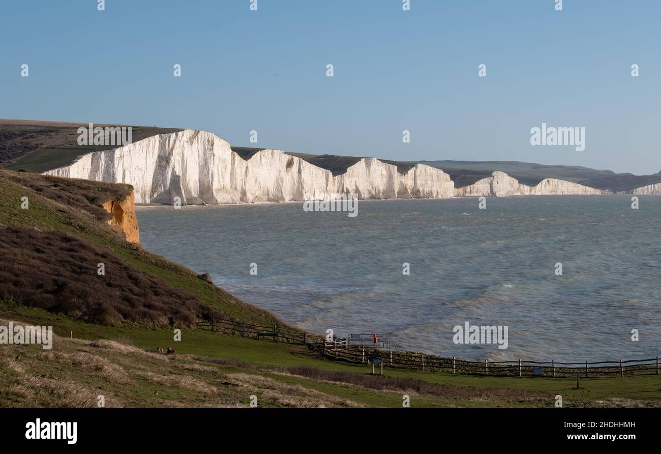 Panoramic view of the Seven Sisters chalk cliffs and the English ...