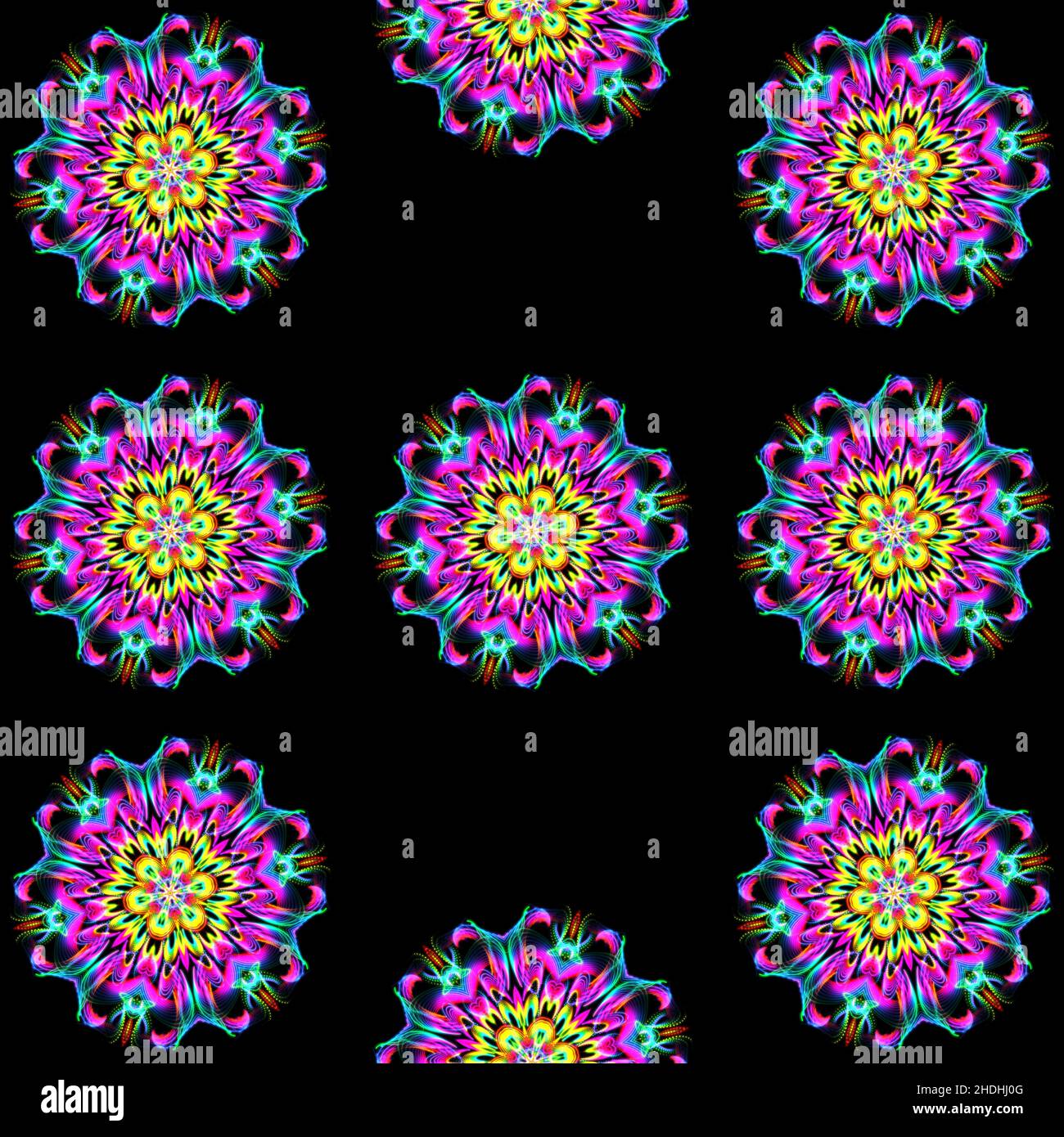 Illustration raster seamless pattern of mandalas in shiny glowing lilac ...