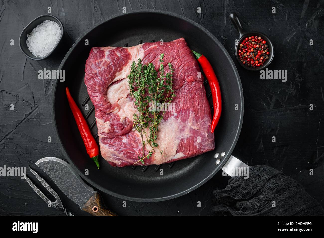 Raw Beef belly, beef brisket meat set, on black stone background, top ...