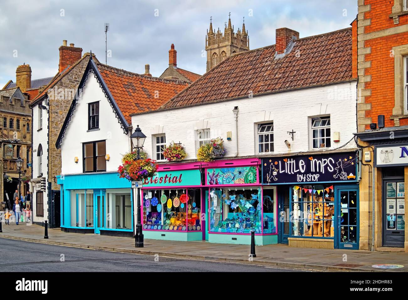 UK, Somerset, Glastonbury, Magdalene Street Shops and St John the ...