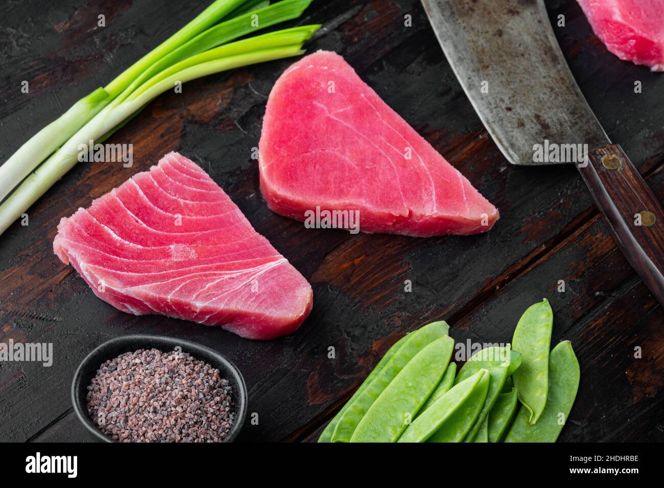 Tuna fish fillet raw organic steak with ingredients set, and old ...