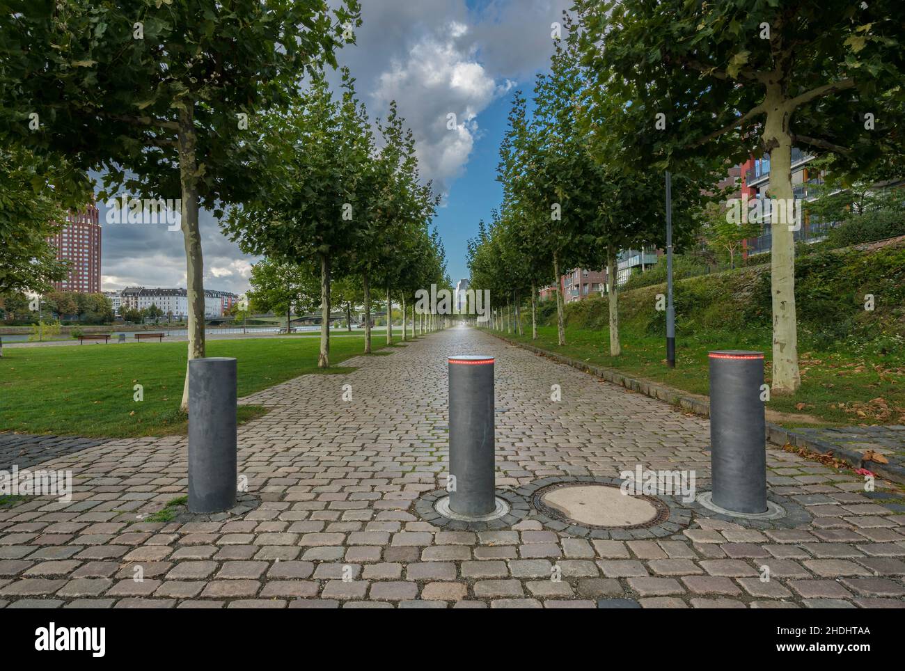 footpath, bollard, alley, frankfurt, mainufer, footpaths, bollards ...