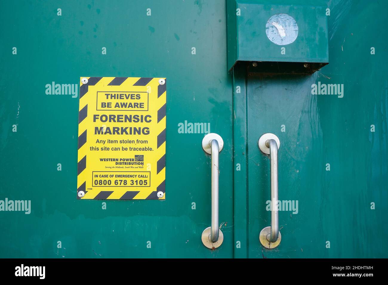 Close up of forensic marking sign on a Western Power Distribution ...