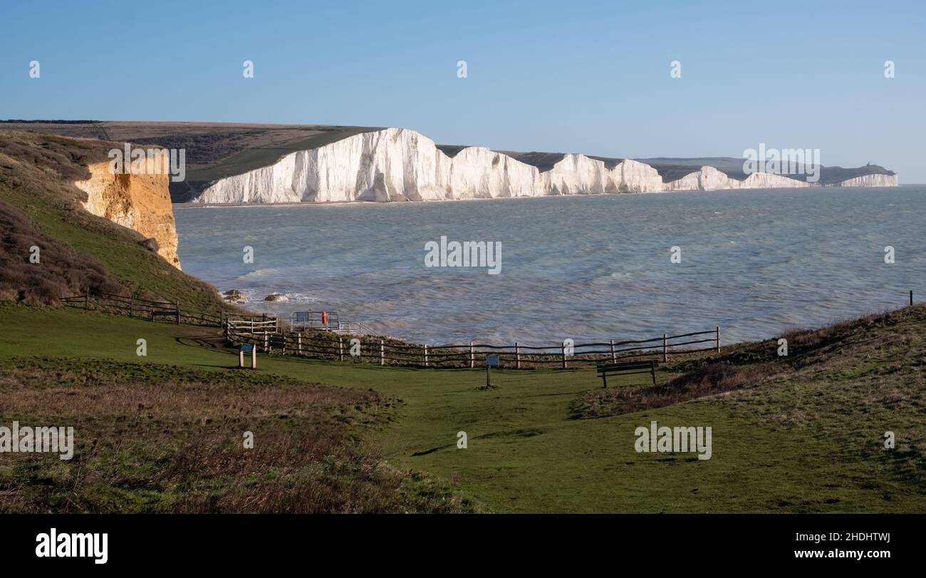 Panorama of Seven Sisters chalk cliffs facing the English Channel at ...