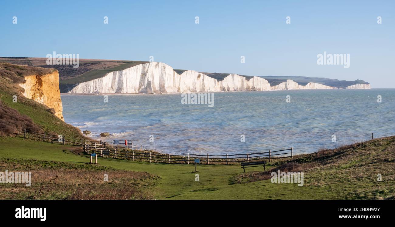 Panorama of Seven Sisters chalk cliffs facing the English Channel at ...