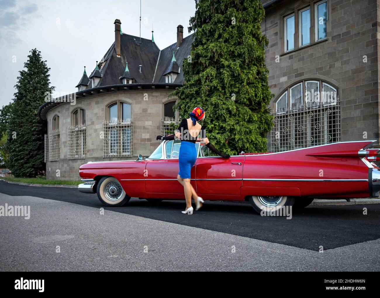 Old-timer red Cadillac and a beautiful young girl. France Stock Photo ...