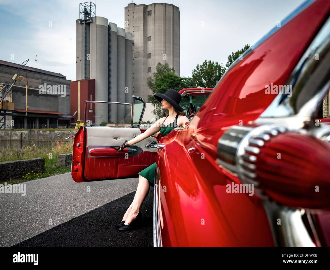 Old-timer red Cadillac and a beautiful young girl. France Stock Photo ...