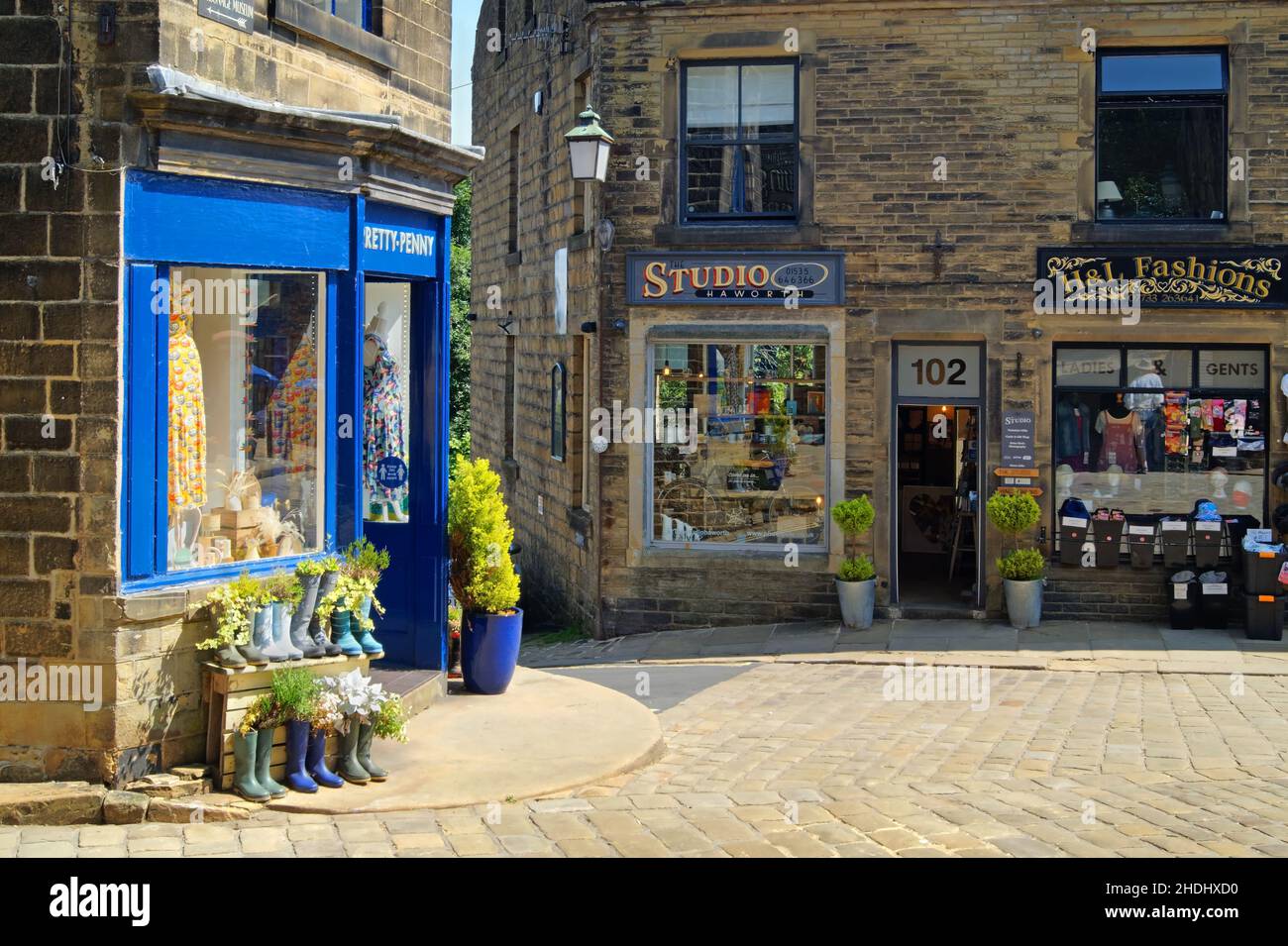 UK, West Yorkshire, Haworth, Main Street Shops Stock Photo - Alamy