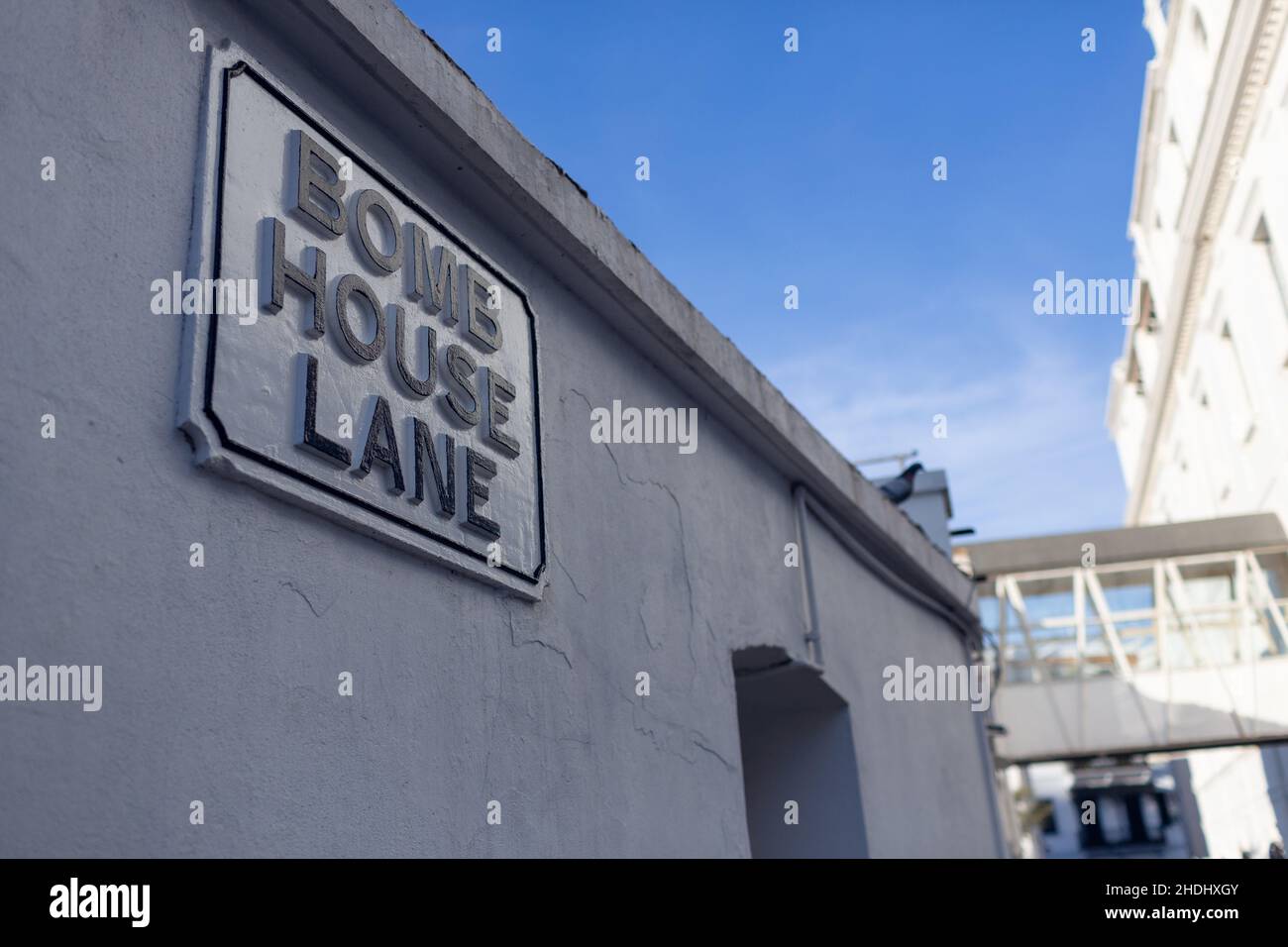 Gibraltar, UK - December 9, 2021: Detail of the Bomb house lane street ...