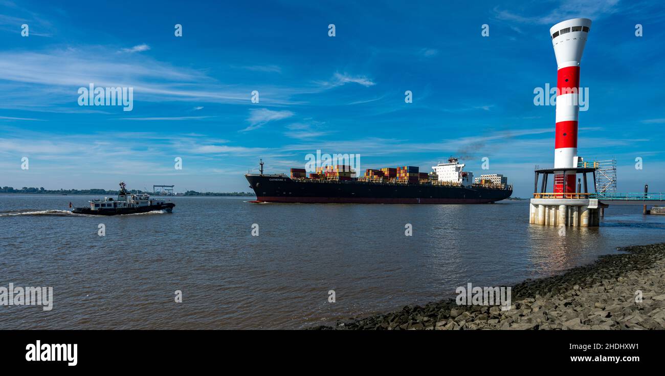 lighthouse, elbe river, container ship, lighthouses, elbe rivers ...