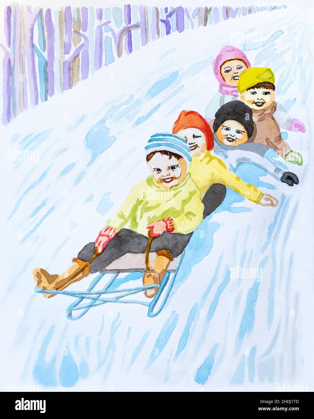Vintage cartoon shows children riding sledges. Real watercolor shows 5 ...