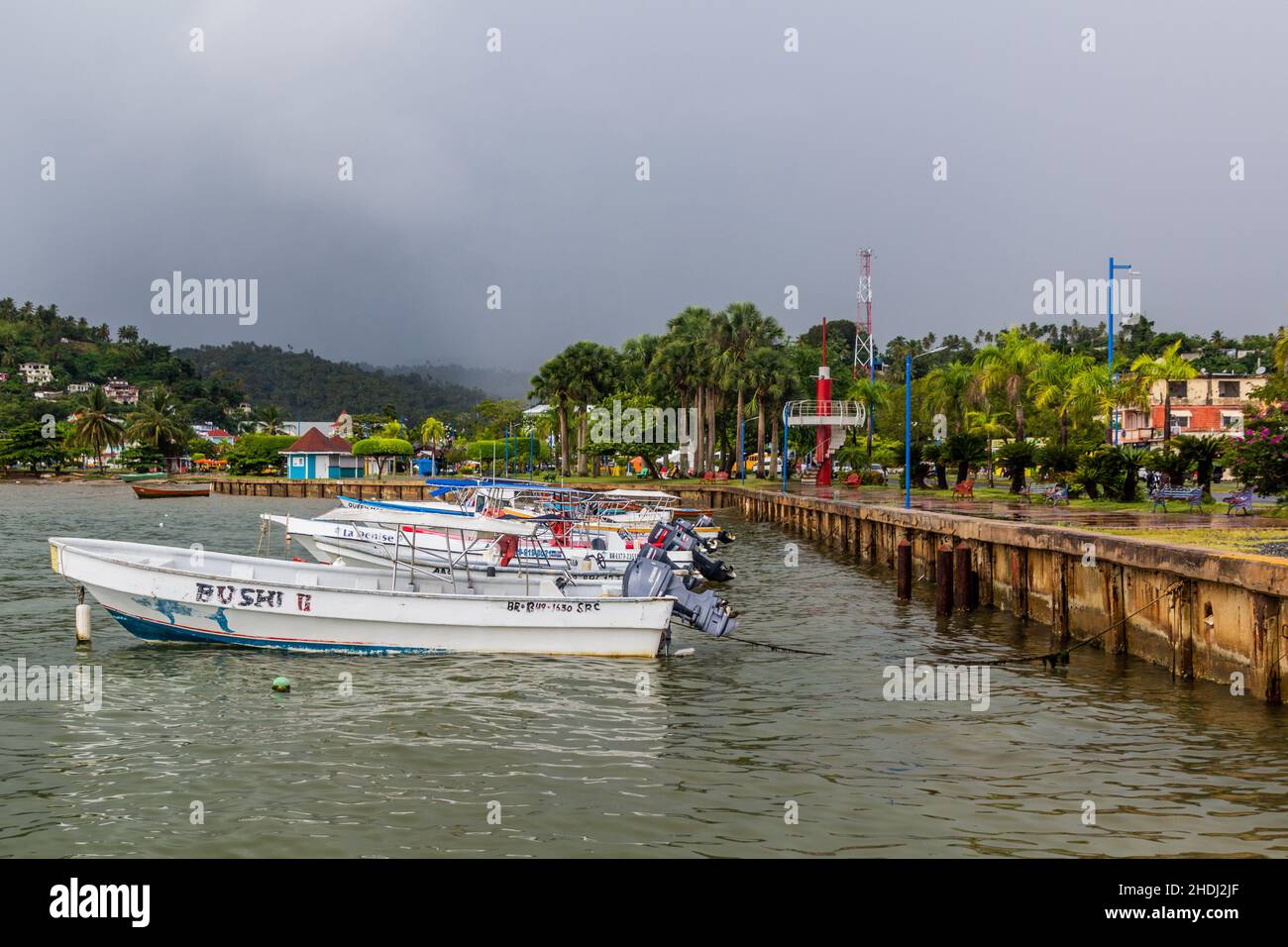 SAMANA, DOMINICAN REPUBLIC - DECEMBER 7, 2018: Boats at a pier in ...