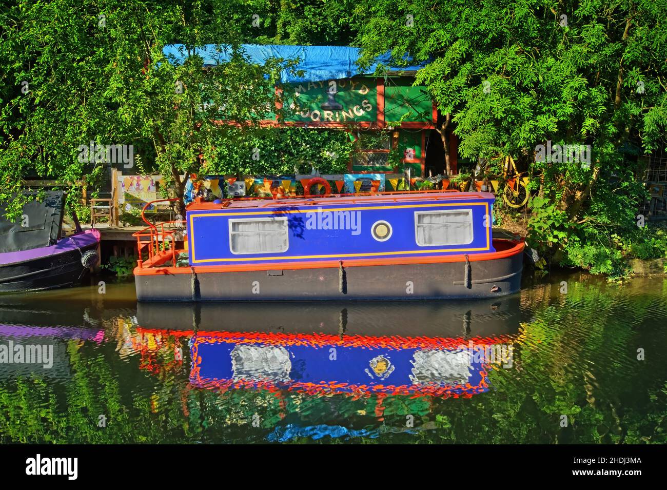 UK, West Yorkshire, Hebden Bridge, Rochdale Canal, Colourful Narrowboat ...