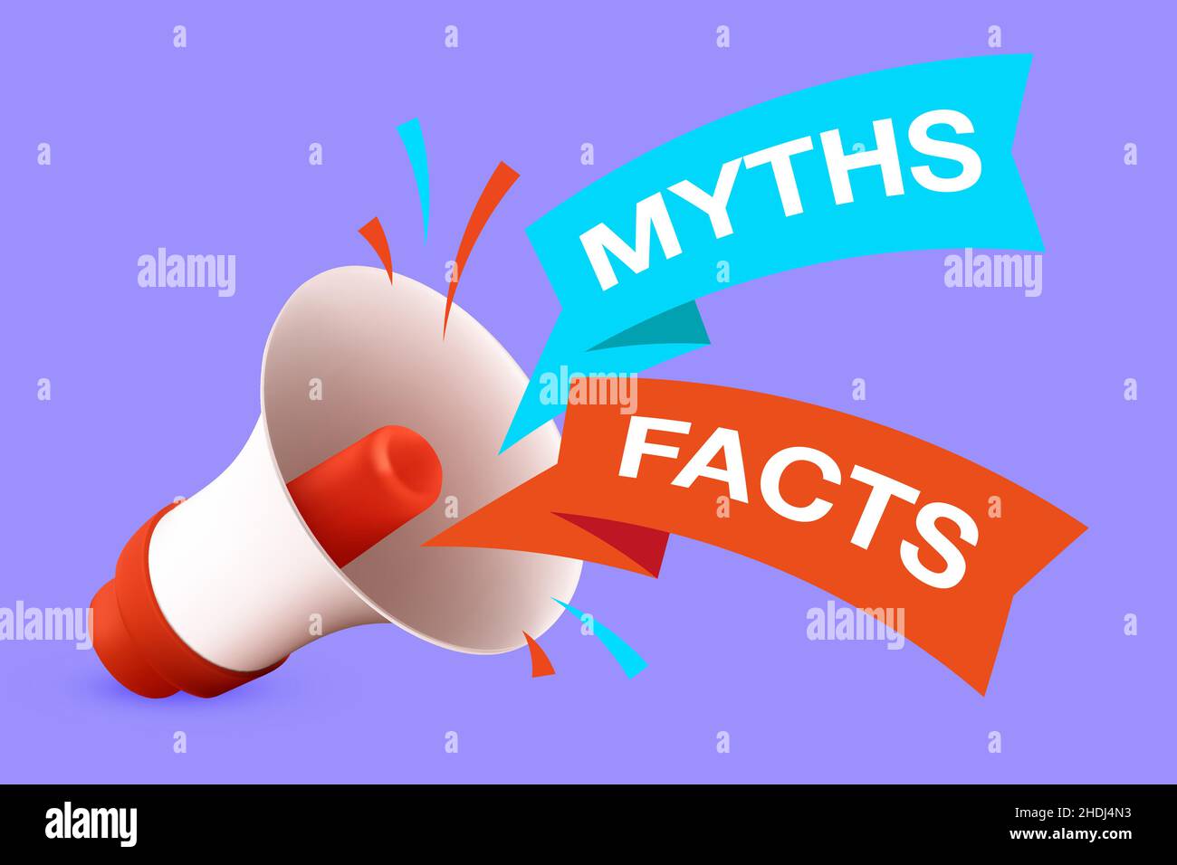 Loudspeaker with myths and facts tags. 3D illustration of megaphone or ...