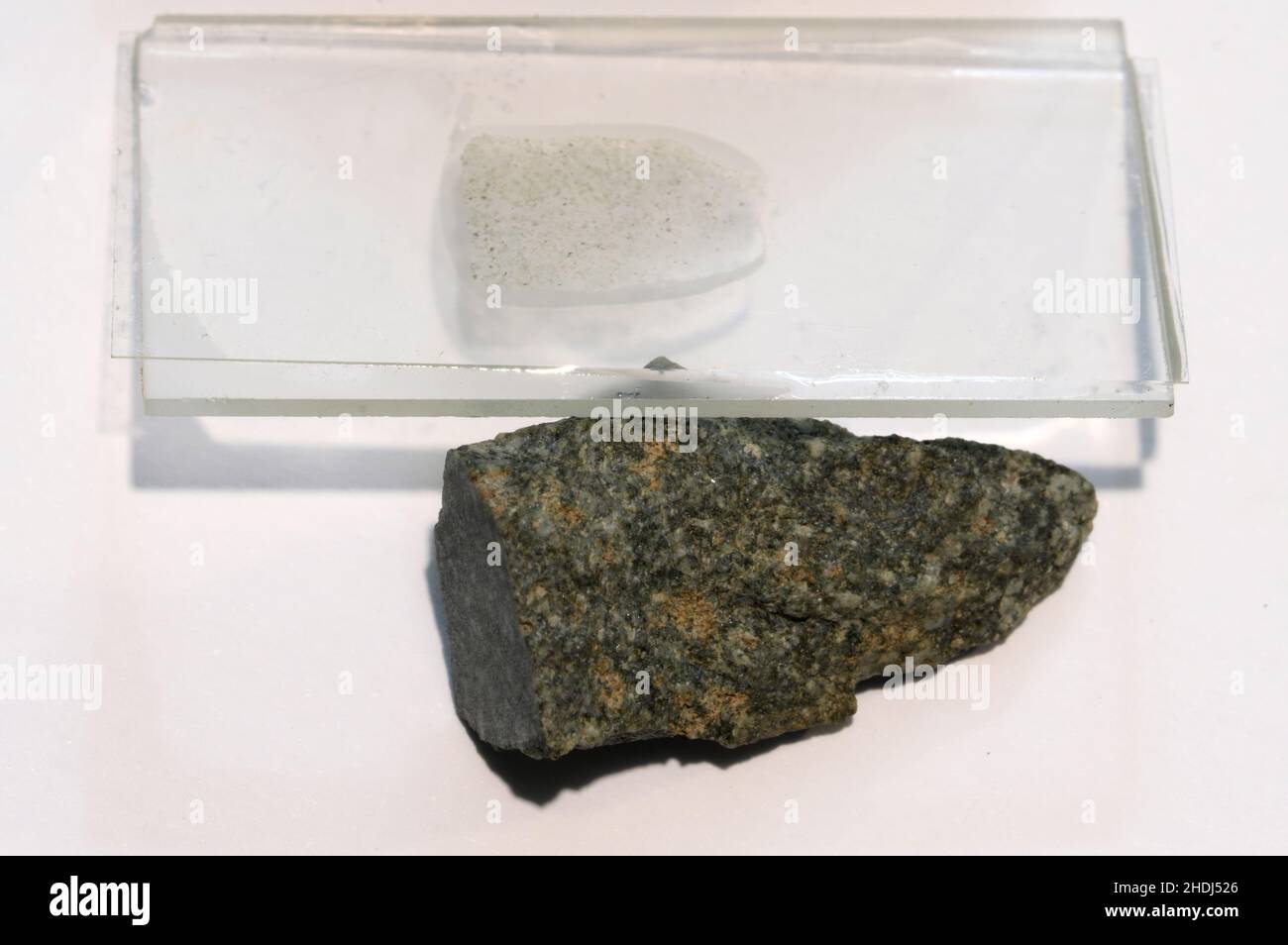 A thin section of green spotted dolerite rock from Foel Eryr, Preseli ...