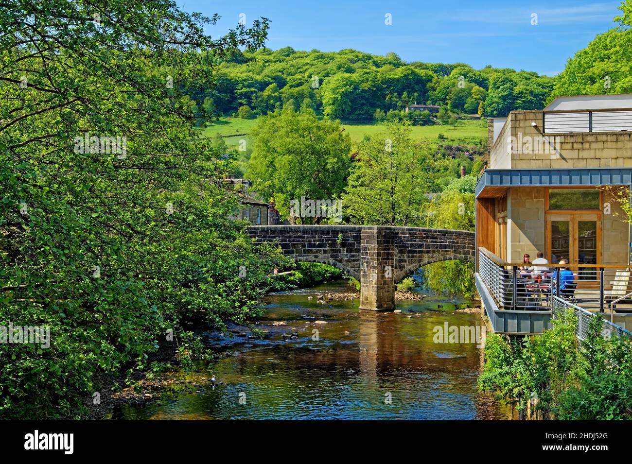 UK, West Yorkshire, Hebden Bridge, Hebden Old Bridge over Hebden Water ...
