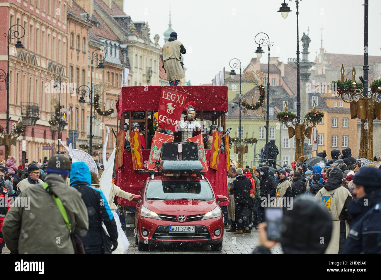 A caravan with actors dressed as Roman soldiers is seen driving through ...