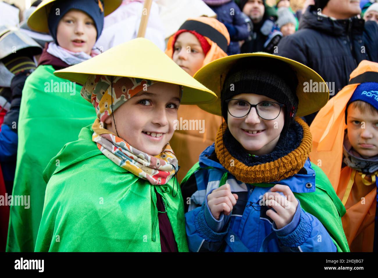 Children in costumes representing headwear from Asia during the ...