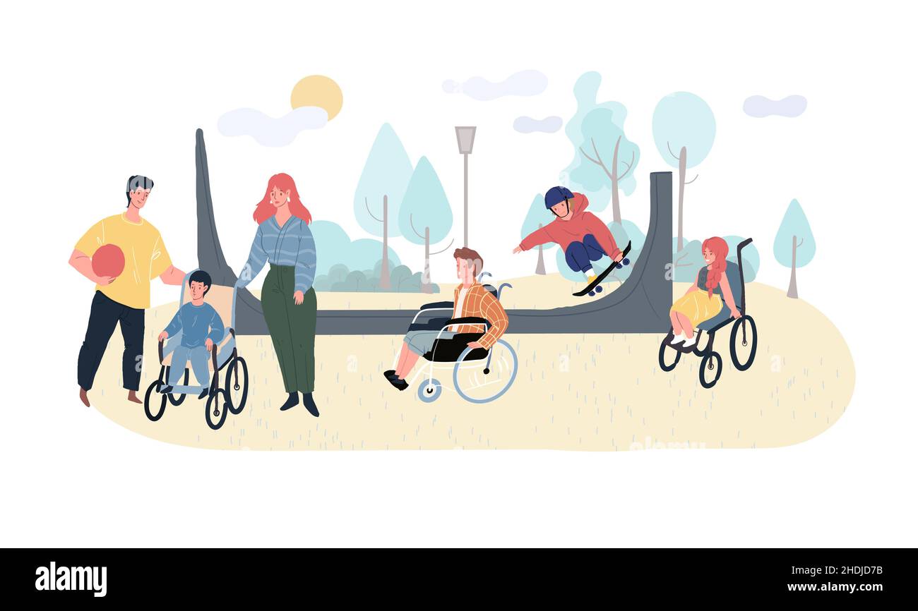 Flat cartoon characters in skate park,healthy and disabled children ...