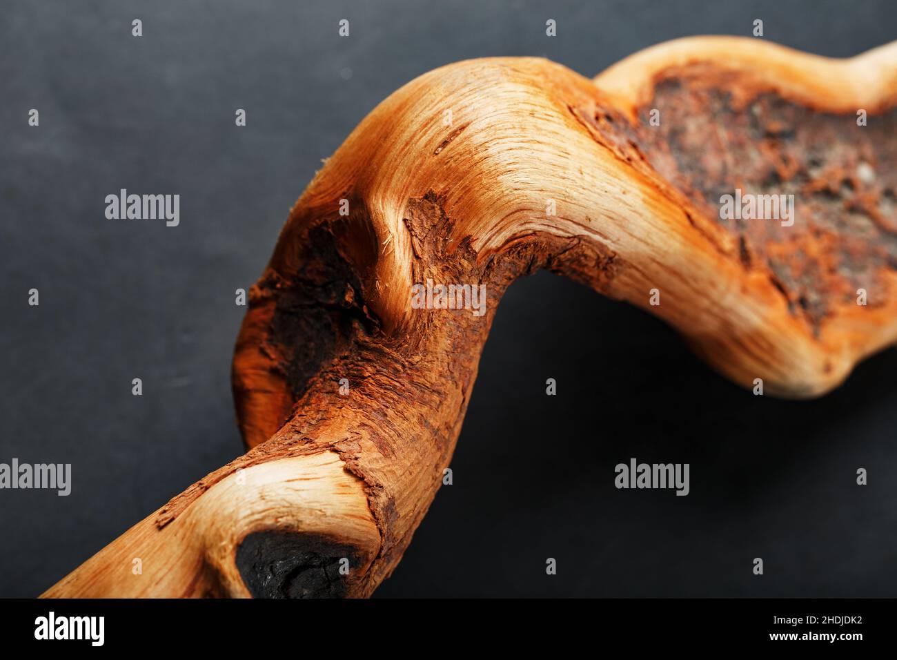 Textured curved Wooden snag of brown color with texture on a black ...