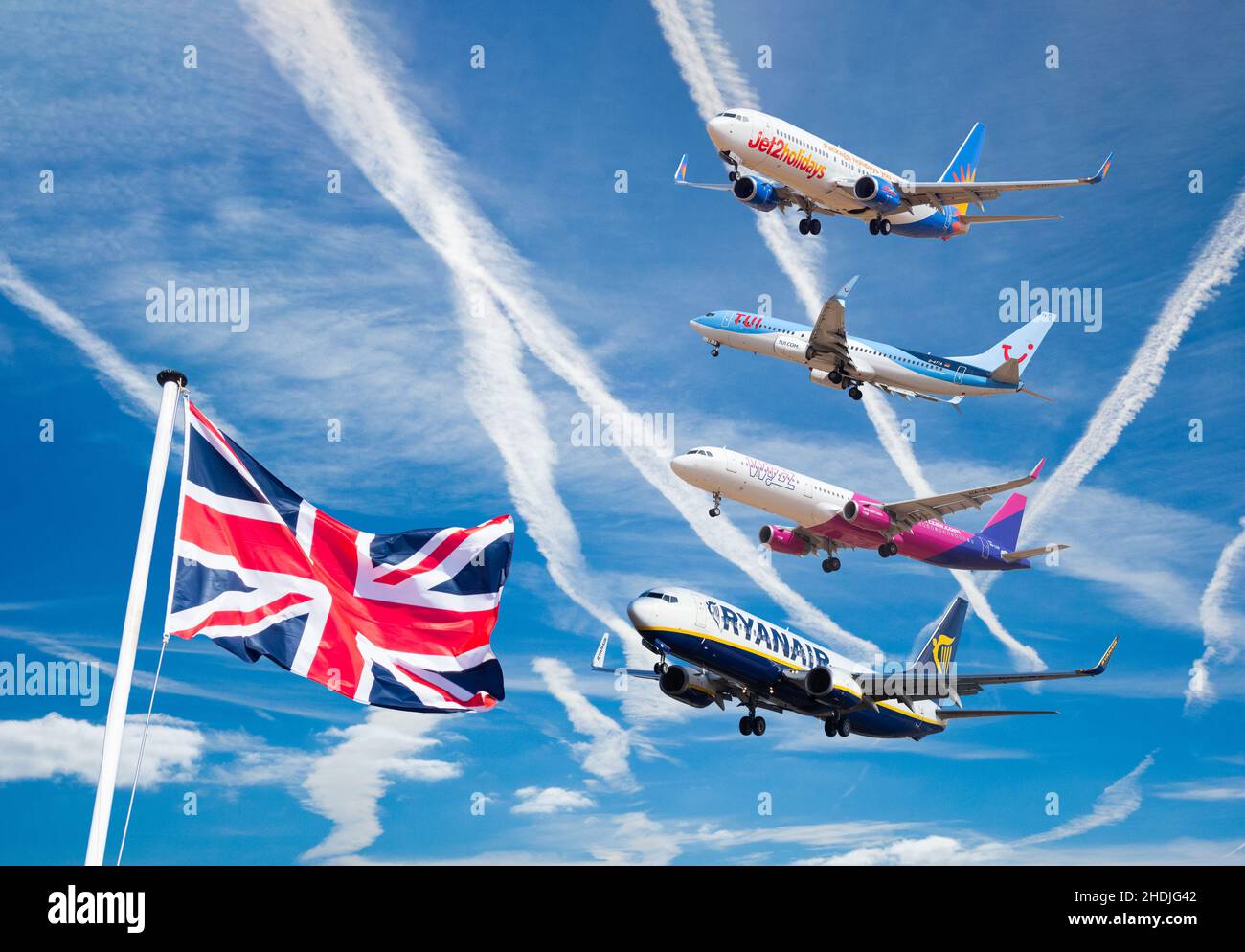 Jet2, TUI, Wizzair and Ryanair aircraft, planes, airplanes against sky ...