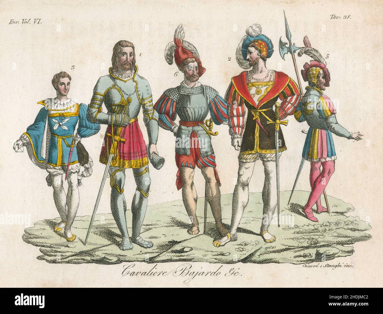 Antique c1830 hand-tinted engraving, 16th century knight Bajardo, and ...