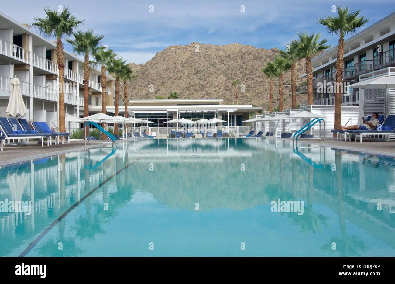 Palm tree-lined pool at a resort in Scottsdale Arizona, with a mountain ...