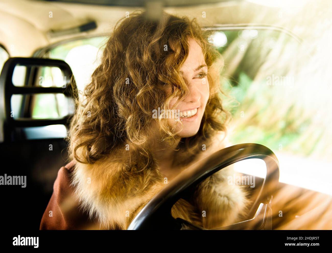 young woman, driving, road trip, vitality, curls, steering wheel ...