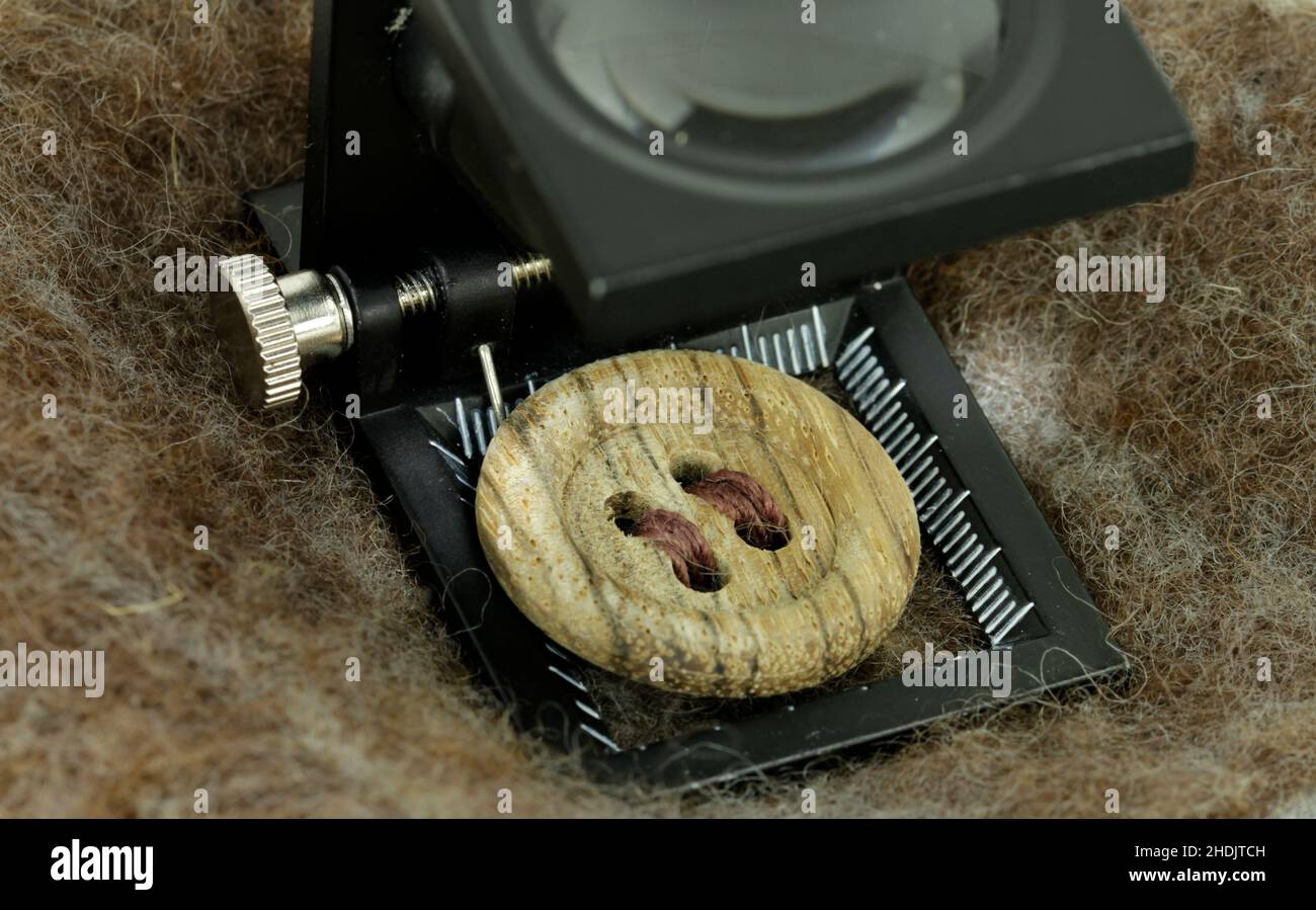 linen tester, wooden button, linen testers, magnifying glass Stock ...