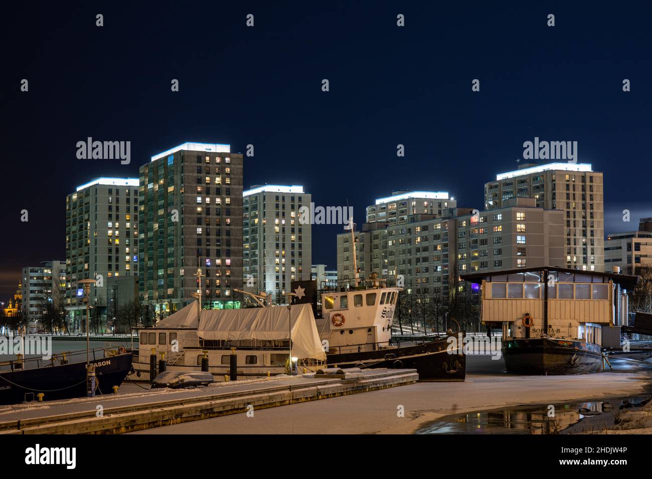 Merihaka residential district after dark in Helsinki, Finland Stock ...