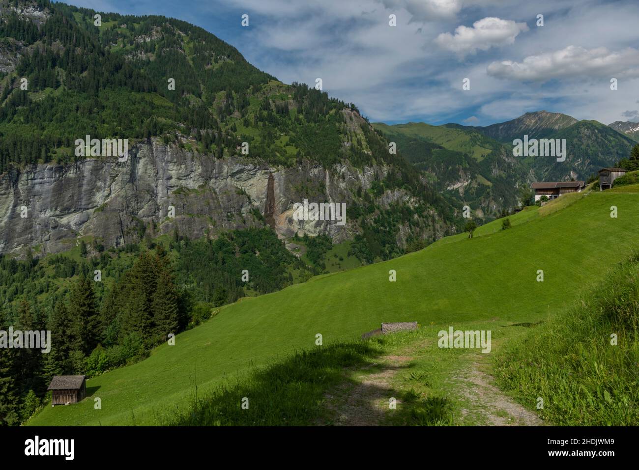 Summer valley with Grossarler Ache small river and blue white cloudy ...